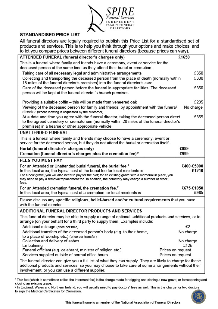 Standardised Price List – Spire Funerals